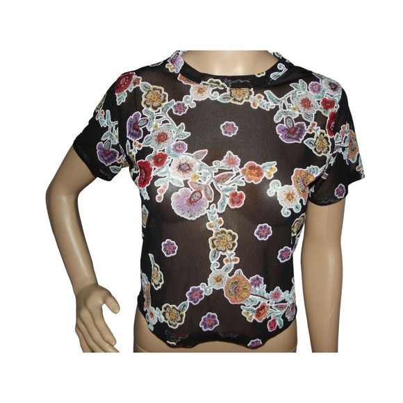 Ginger G | Tops | Ginger G Sheer Mesh Top Medium Black Floral Crop Baby ...